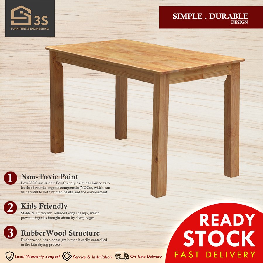 [3S FURNITURE] Rustic and Simple Solid Rubber Wood Dining Table (1Yr ...